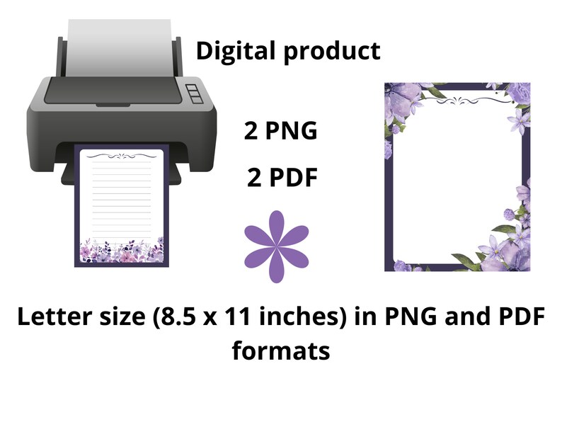 Purple Floral Stationery Paper: Printable Letter Writing Set (PDF/PNG ...