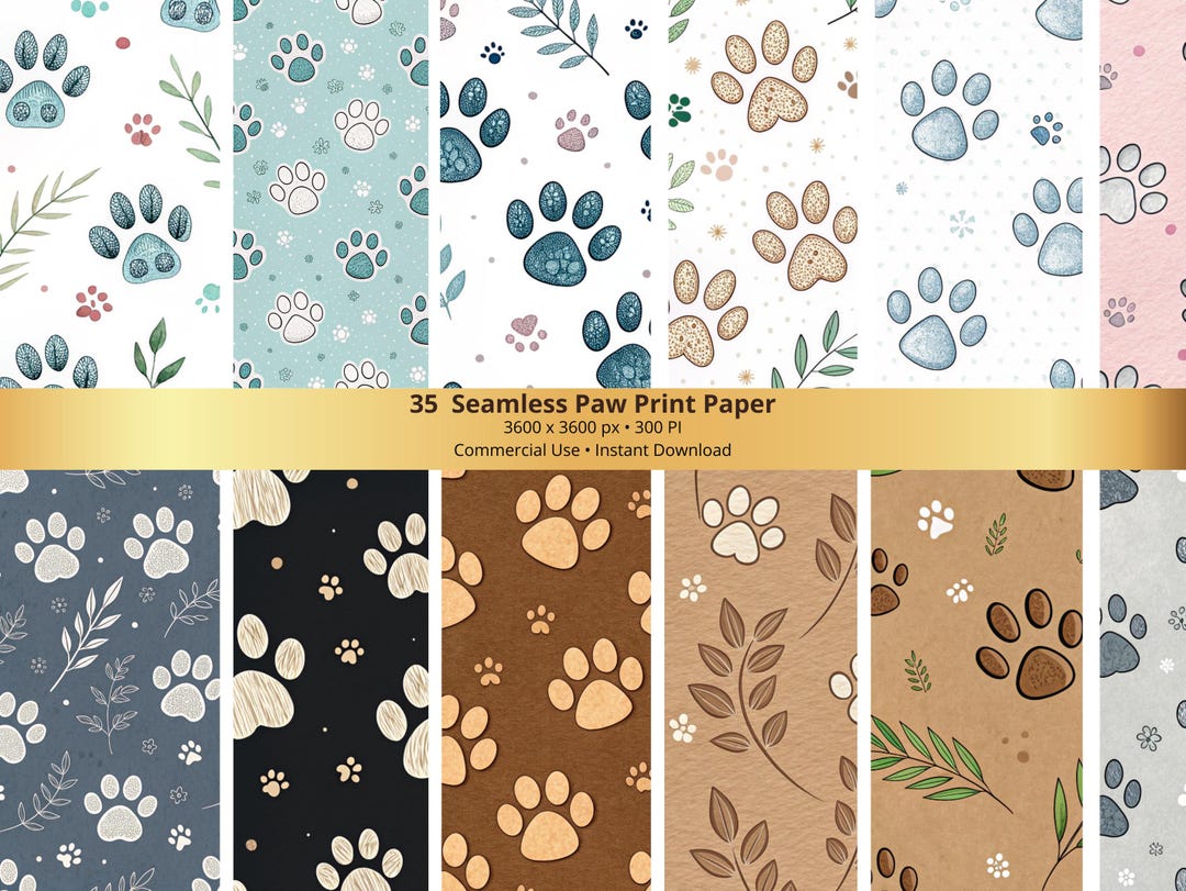 Seamless Paw Print Digital Paper Pack, Animal PNG Scrapbook (instant ...