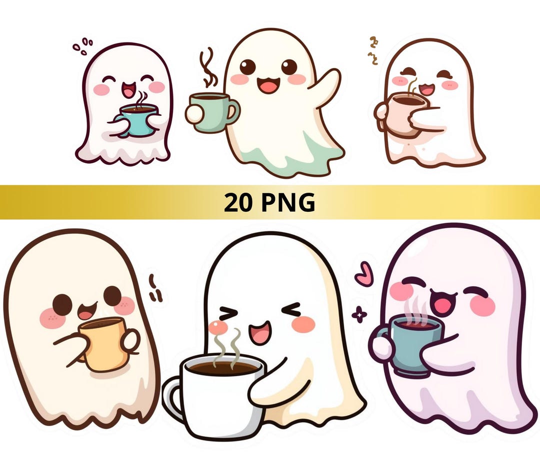 Ghost Drinking Coffee Clipart – Kawaii Halloween PNG (digital Download ...