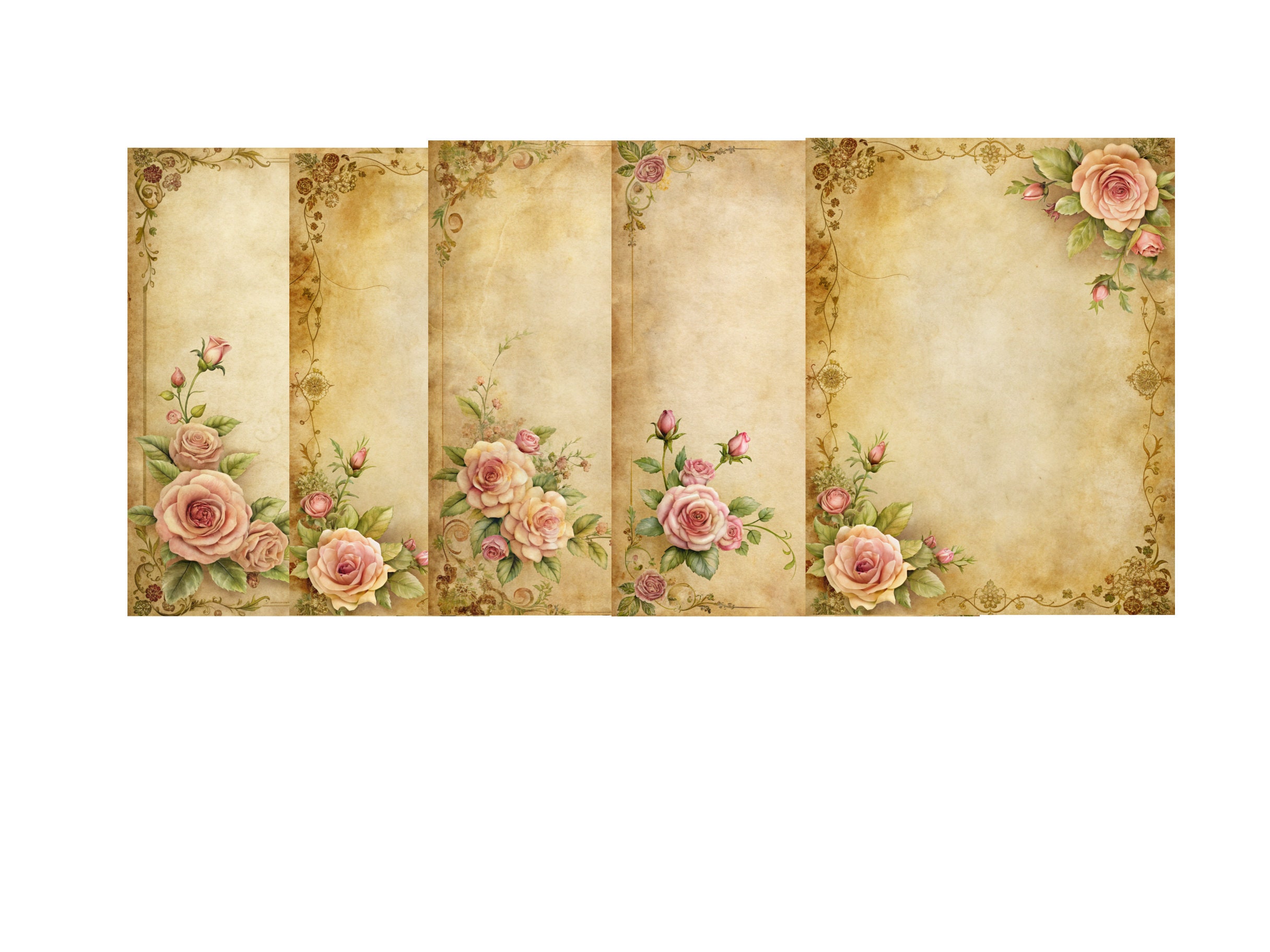 Vintage Digital Paper Set, Blank Journal Pages With Roses, 5 Digital ...