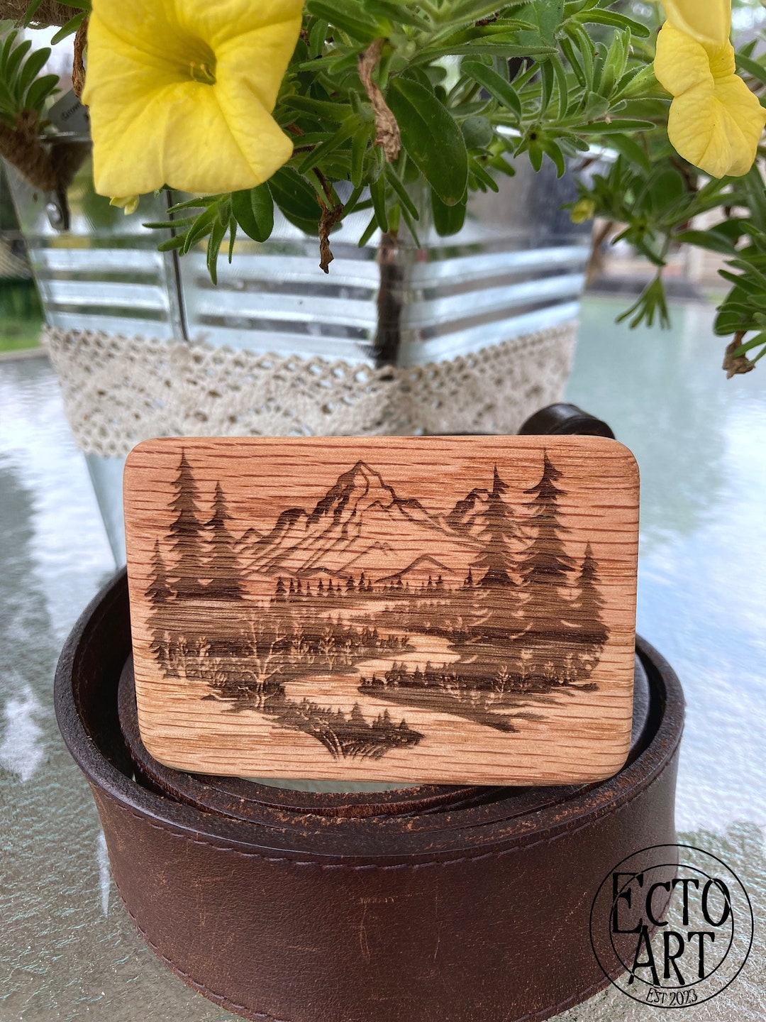 Mountain & Forest Belt Buckle, Wooden Belt Buckle, Handmade, Laser ...