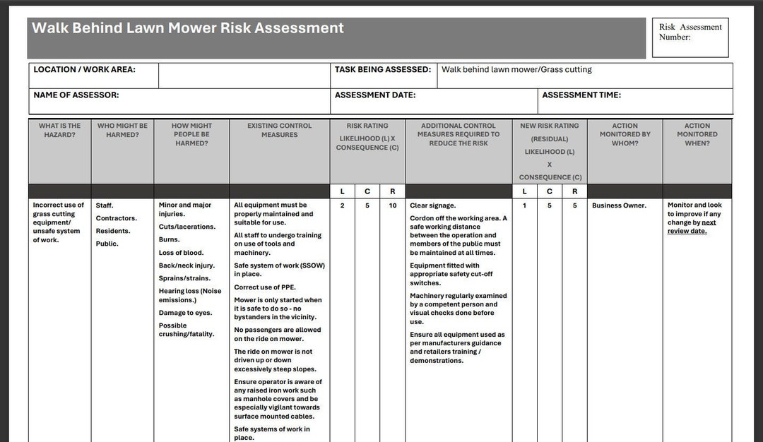 Walk Behind Lawn Mower Grass Cutting Risk Assessment Editable Word ...