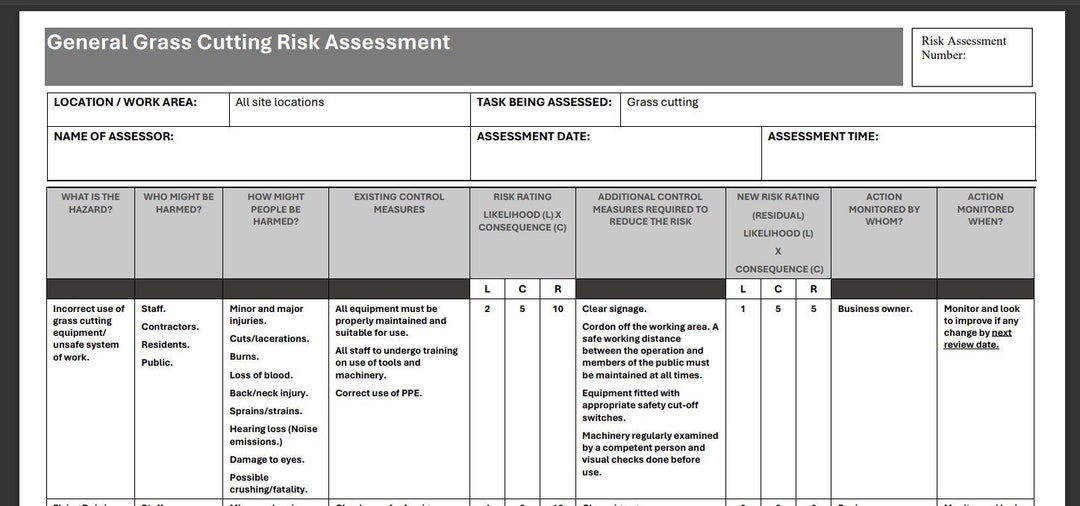 General Grass Cutting Risk Assessment Editable Word Document for ...