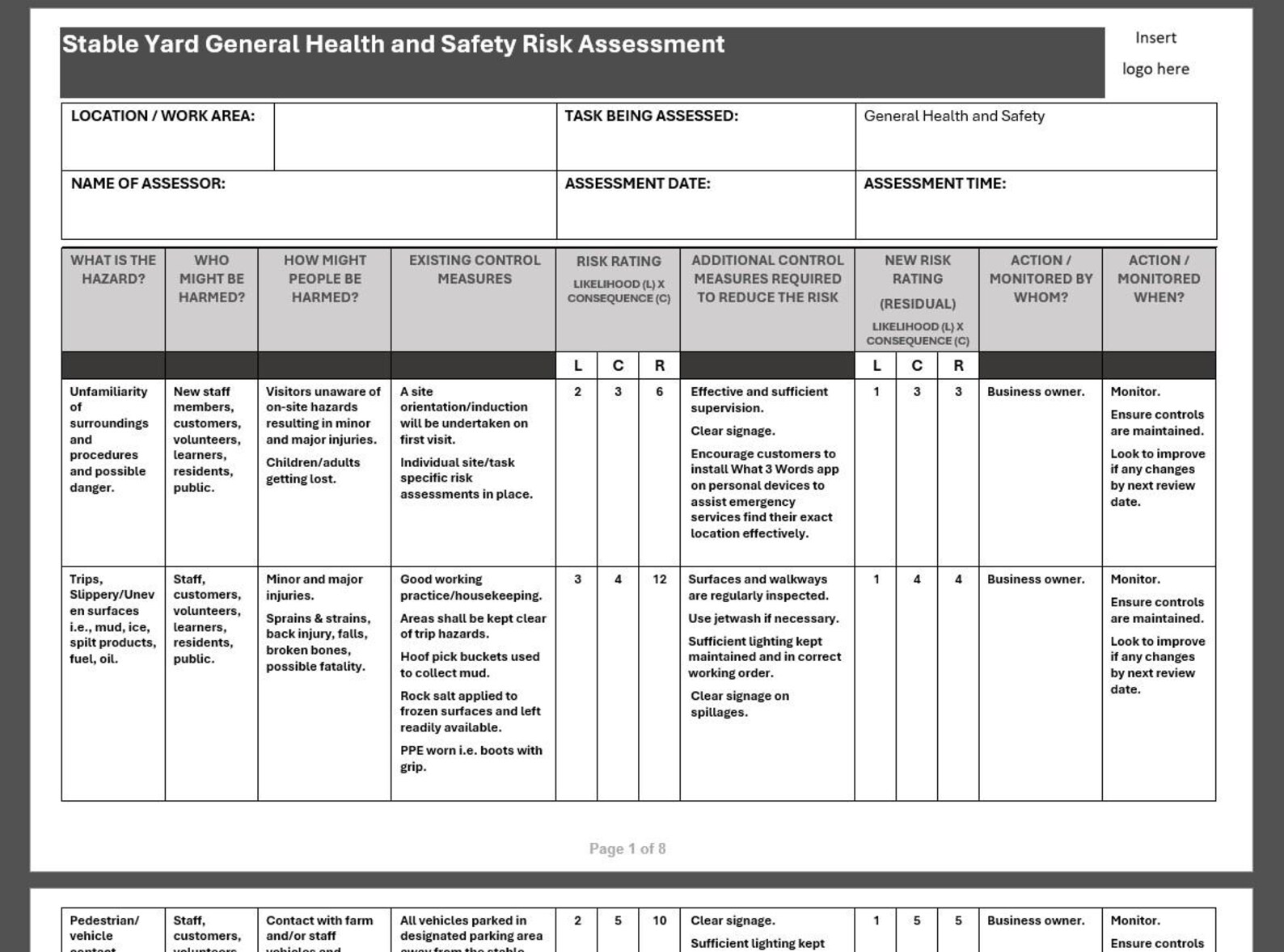 Stable Yard / Equestrian Business General Health and Safety Risk ...