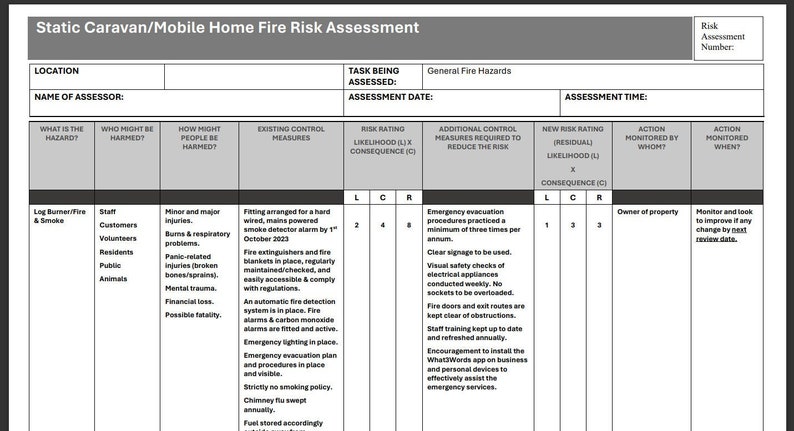 Holiday Let Mobile Home Static Caravan Fire Risk Assessment Editable ...
