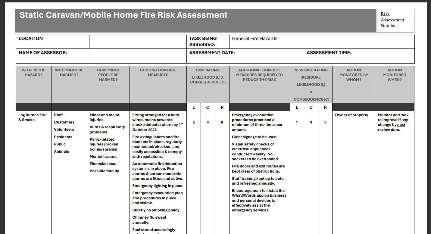 Holiday Let Mobile Home Static Caravan Fire Risk Assessment Editable ...