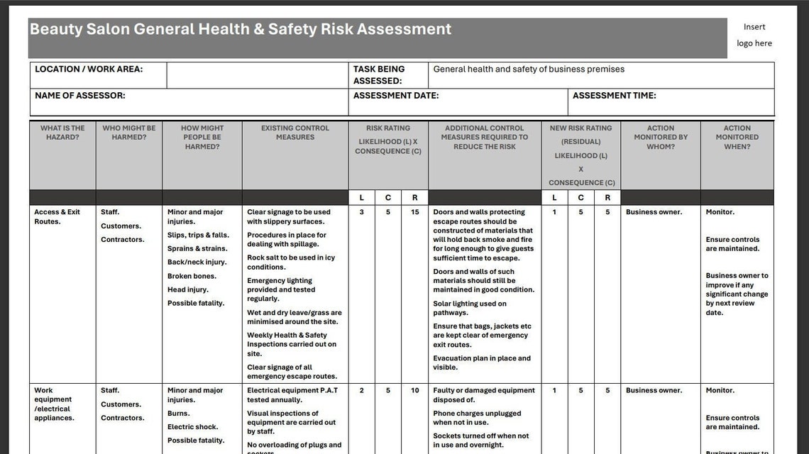 Beauty Salon General Health and Safety Risk Assessment Editable Word ...