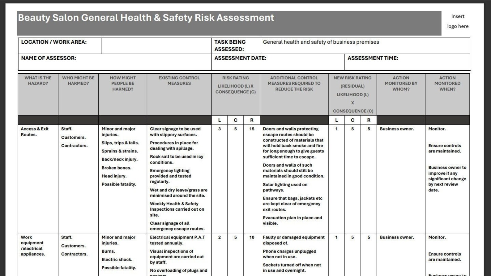 Beauty Salon General Health and Safety Risk Assessment Editable Word ...