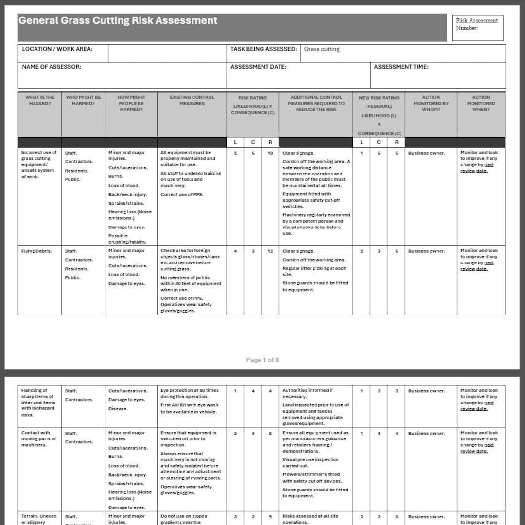 General Grass Cutting Risk Assessment Editable Word Document for ...