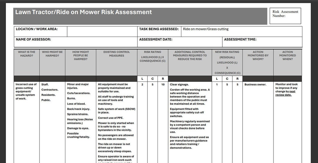 Ride on Lawn Mower Grass Cutting Risk Assessment Editable Word Document ...