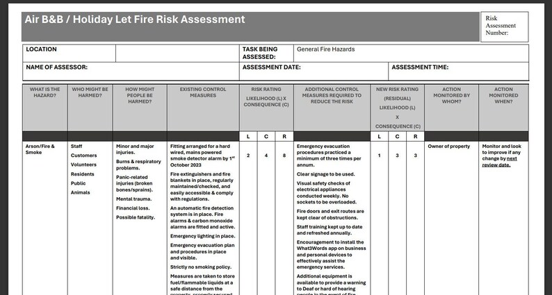 Holiday Let / Air B&B Fire Risk Assessment Editable Word Document - Etsy