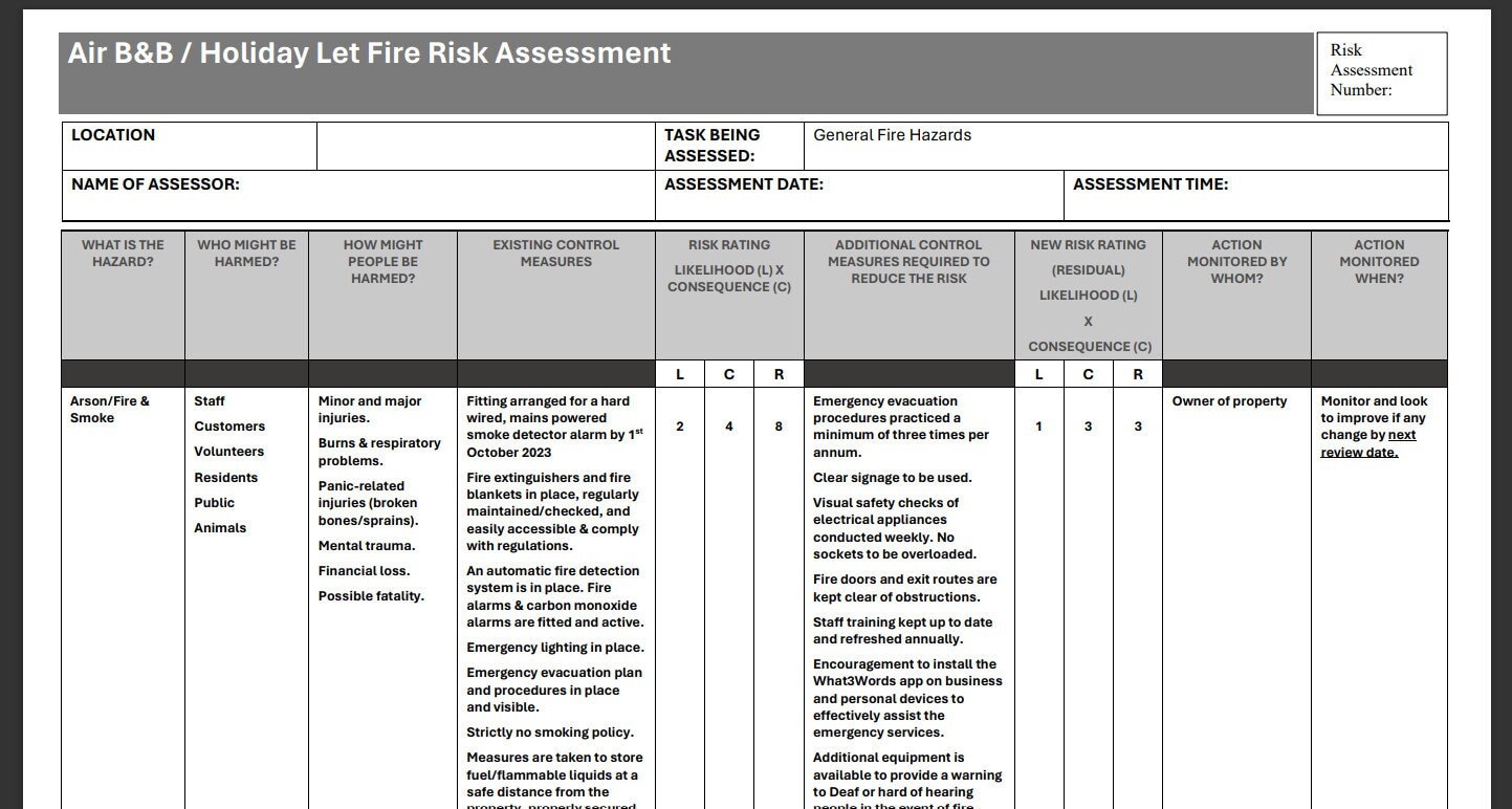 Holiday Let / Air B&B Fire Risk Assessment Editable Word Document - Etsy