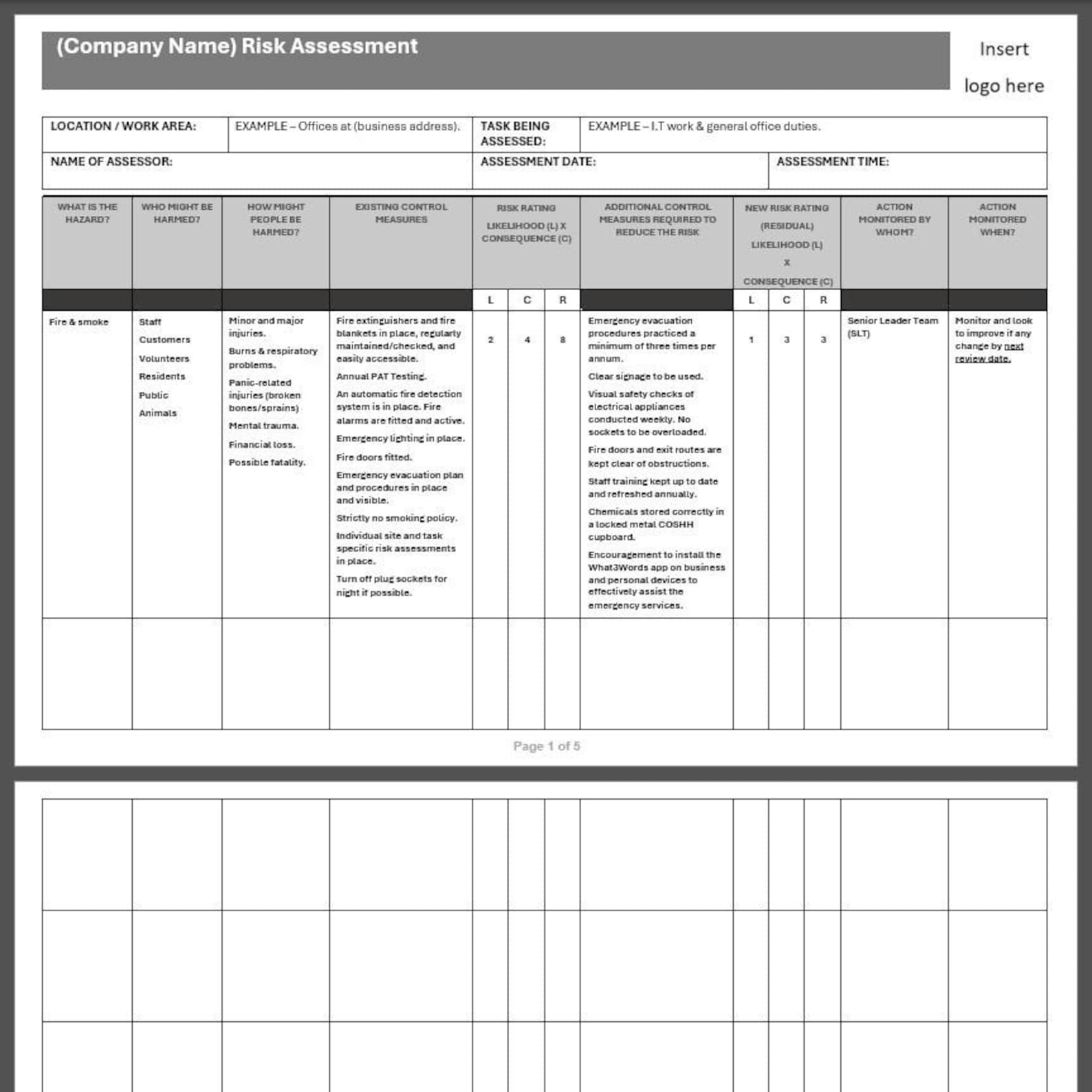Blank Risk Assessment Template Editable Word Document IOSH Format - Etsy