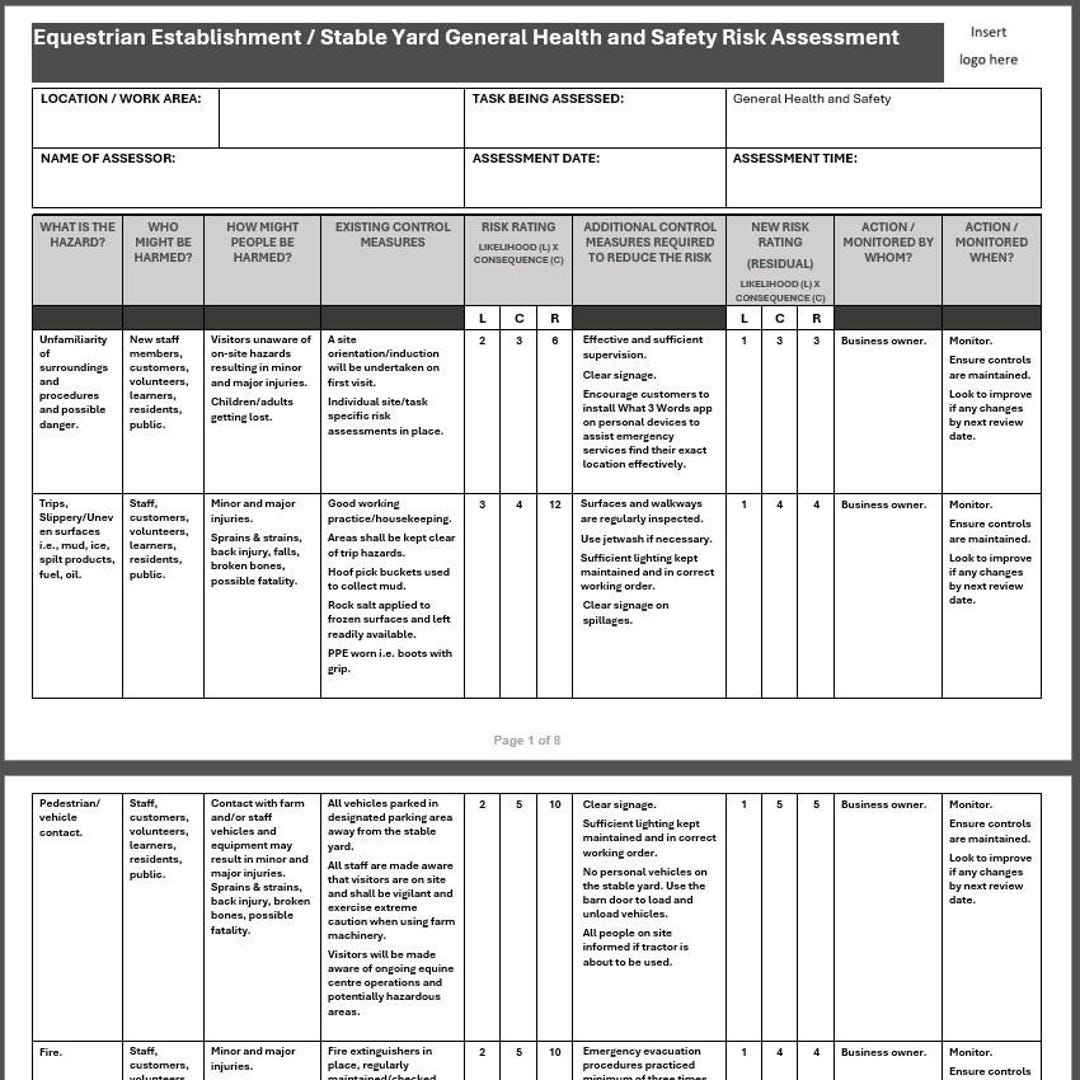 Stable Yard / Equestrian Business General Health and Safety Risk ...