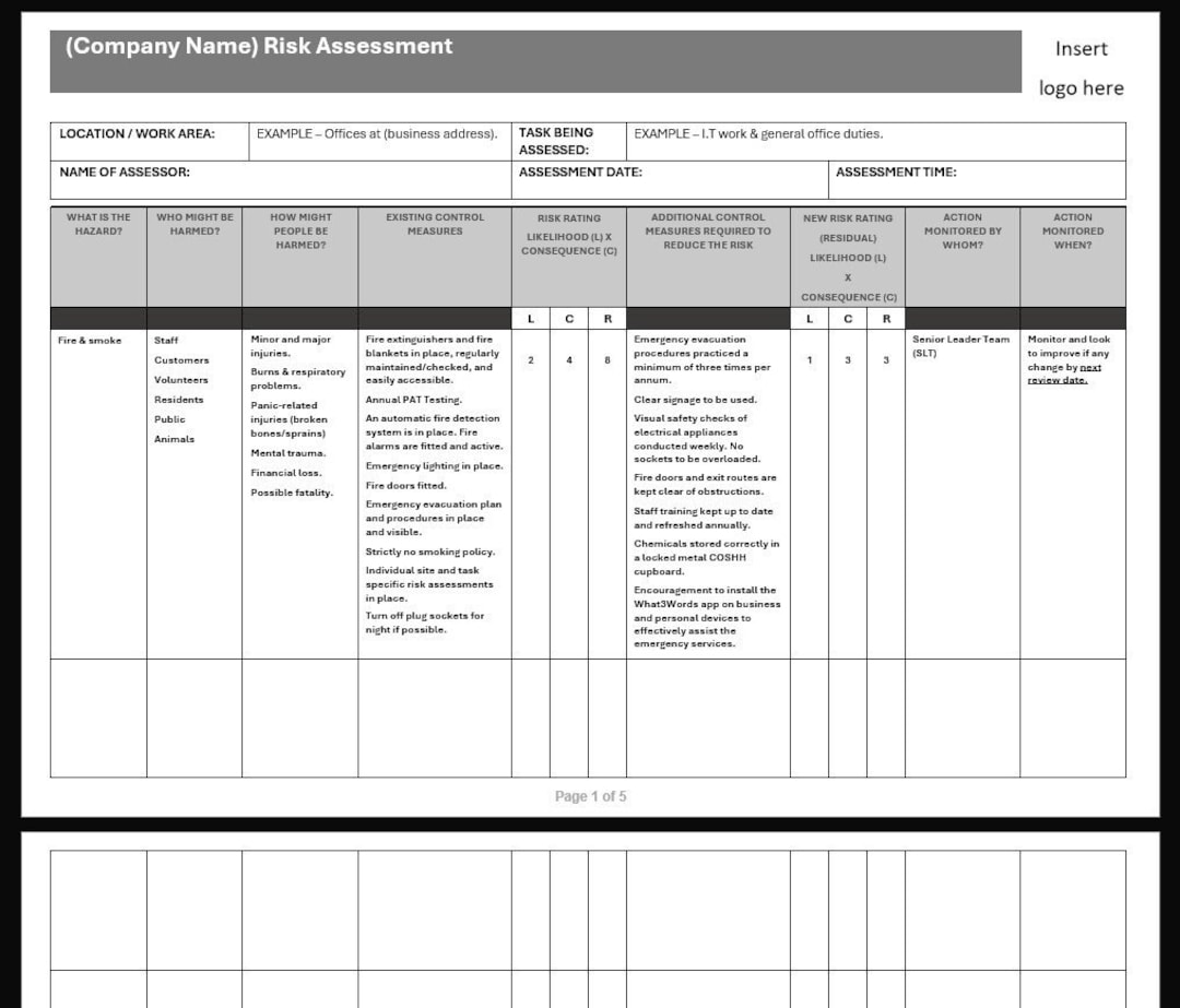 Blank Risk Assessment Template Editable Word Document - Etsy