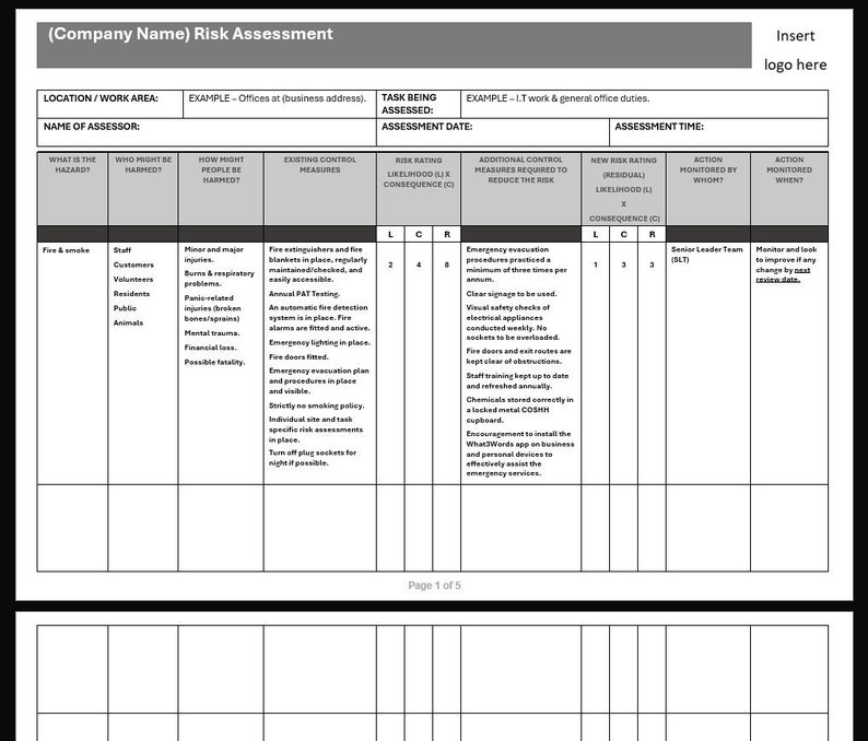Blank Risk Assessment Template Editable Word Document - Etsy