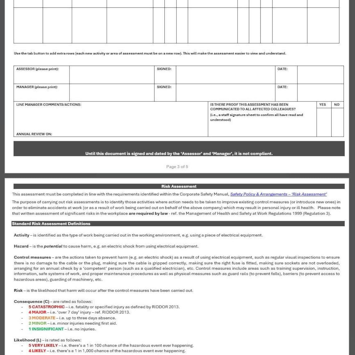Blank Risk Assessment Template Editable Word Document IOSH Format - Etsy