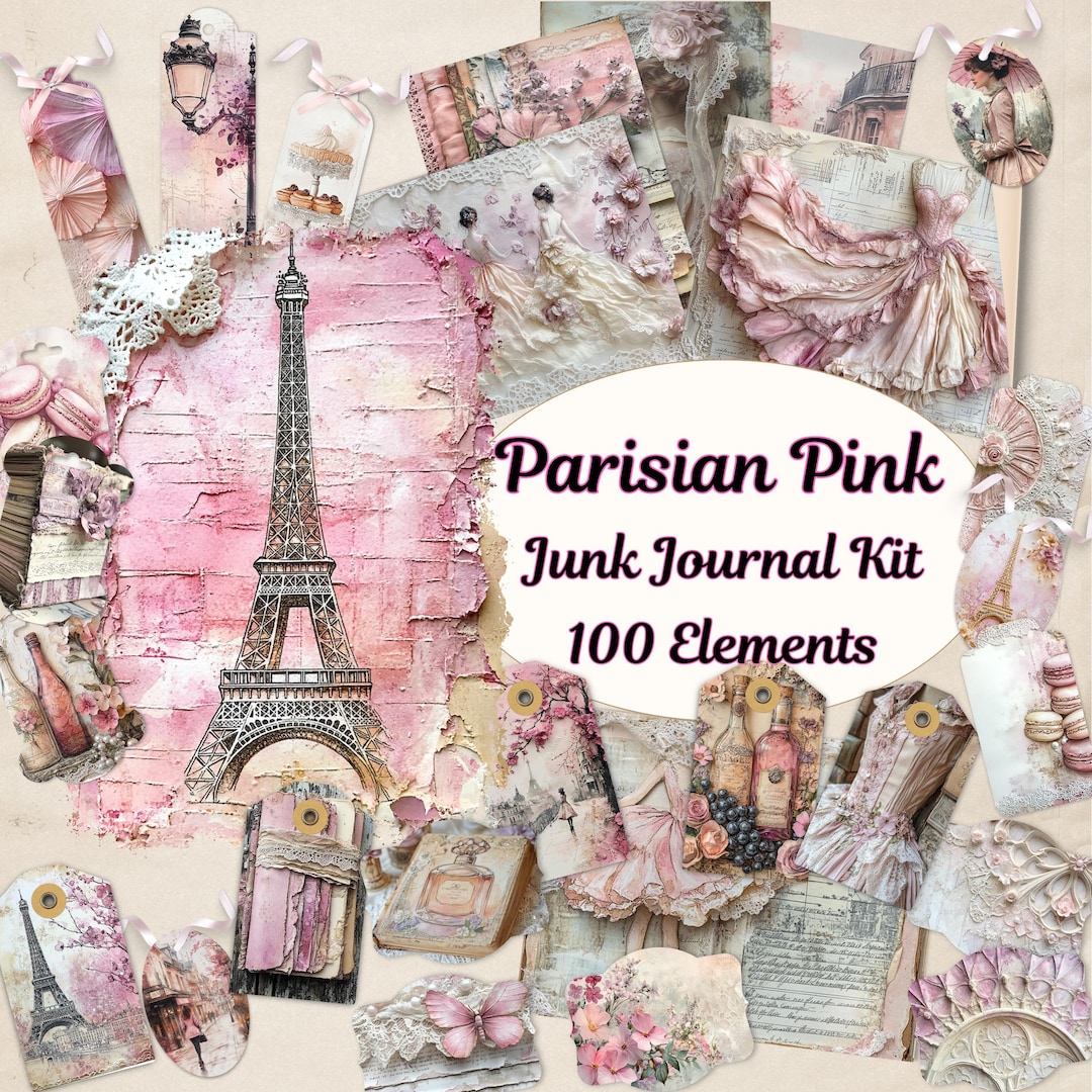 Watercolor Vintage Paris Junk Journal Kit, Pink Parisian Scrapbook ...