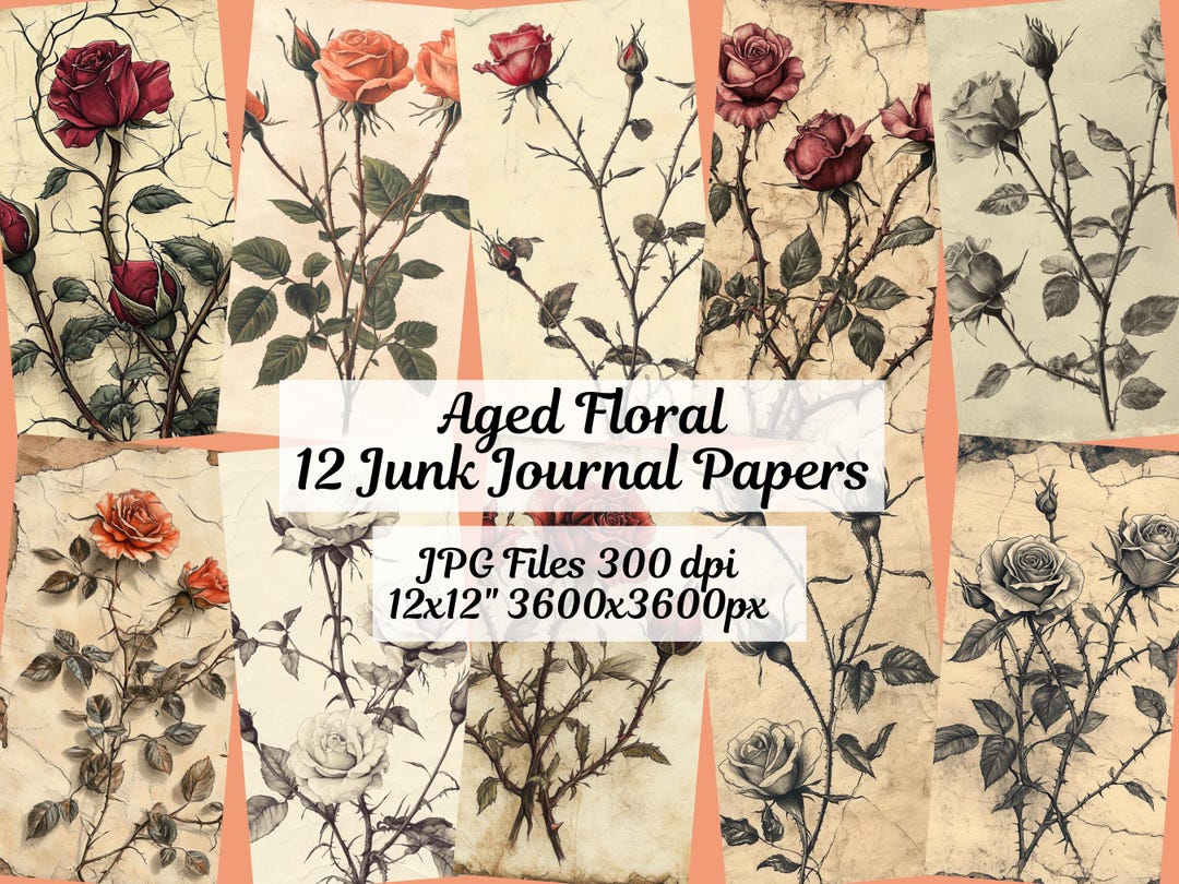Floral Junk Journal Digital Paper Rose JPG Images Scrapbook Cardmaking ...