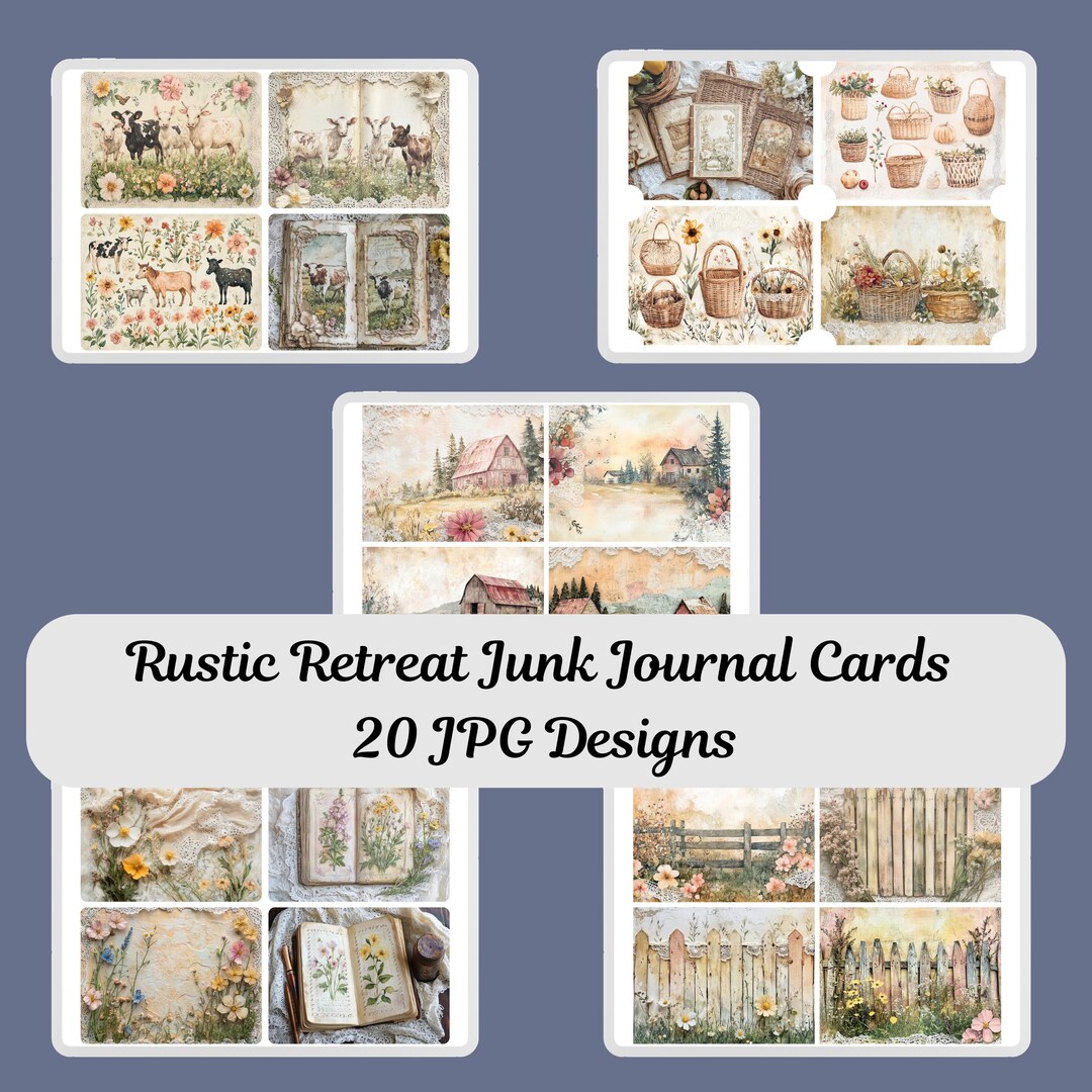 Rustic Retreat Junk Journal Cards, Watercolor Cottages, Wooden Fences ...