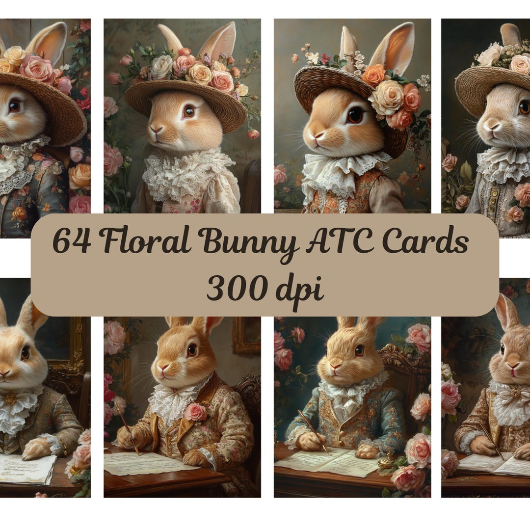 64 Floral Bunny Digital ATC Cards, Printable Vintage Rabbit Junk ...
