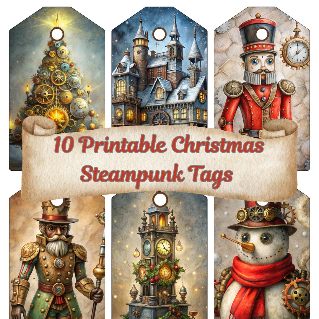 Printable Christmas Steampunk Tags: Vintage Gears, Holiday Icons ...