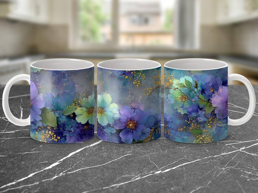 Purple Floral Mug Wrap, Watercolor Flower 11 Oz Mug Wrap Design, Purple ...