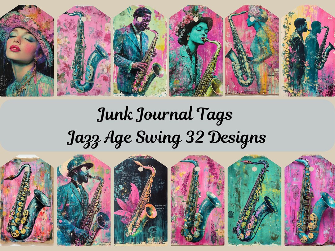Jazz Age Swing Junk Journal Tags - Vintage Saxophone Ephemera ...
