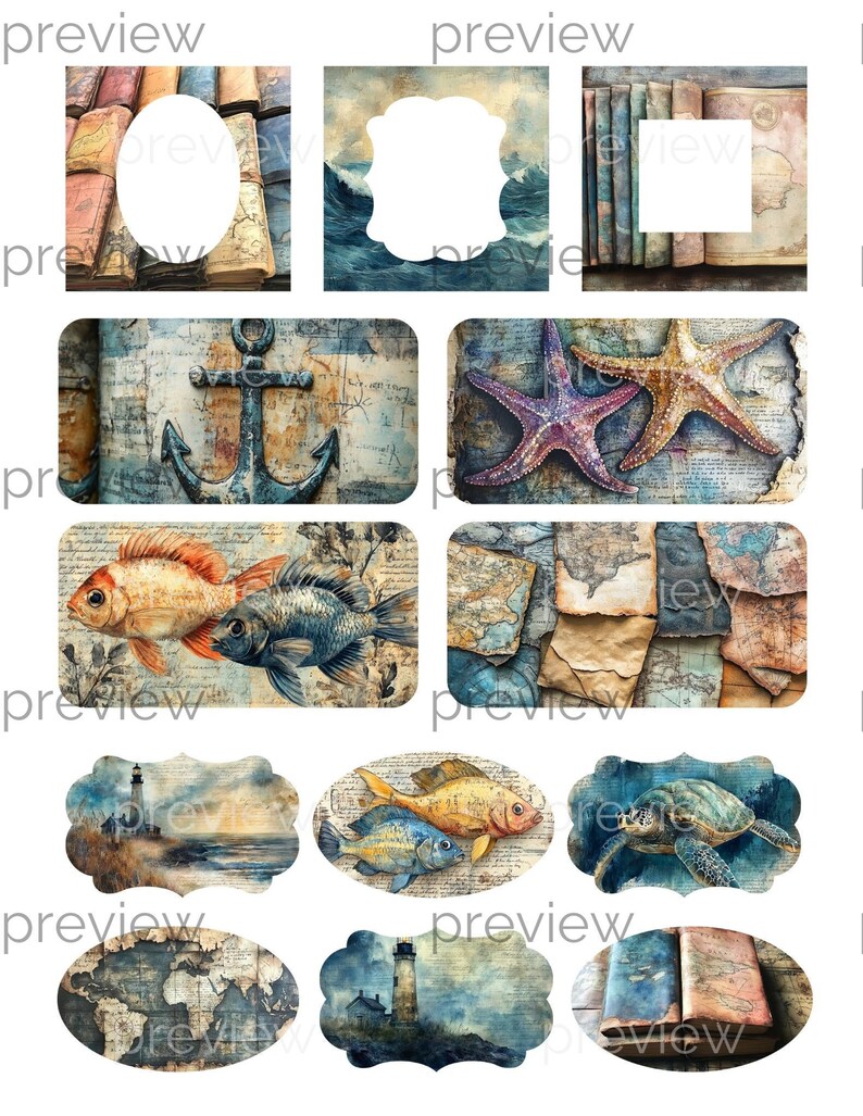 Vintage Coastal Junk Journal Kit, Watercolor Ocean Pages, Dark Seaside ...