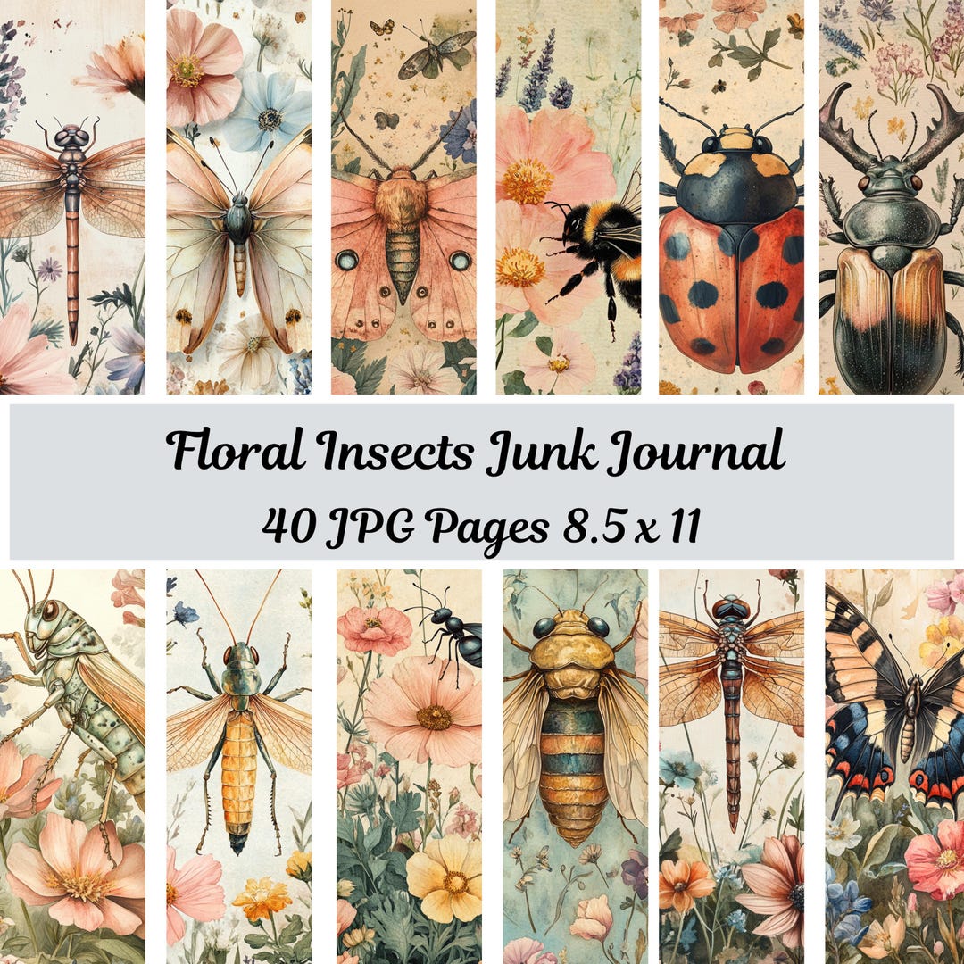 Watercolor Insects Floral Junk Journal Pages Bundle, Insect JPG ...