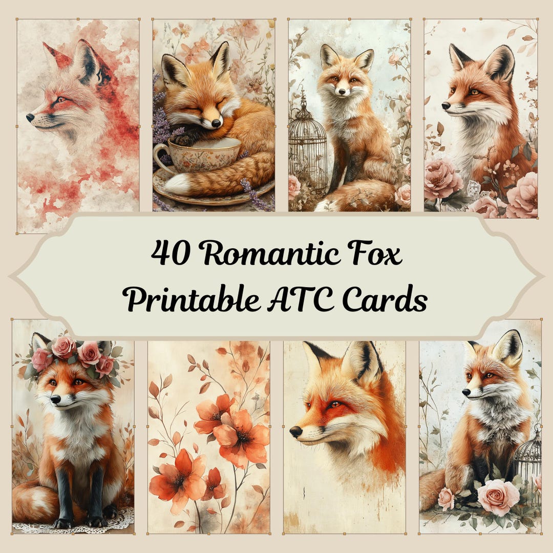 Romantic Fox Printable ATC Cards, Shabby Foxes Junk Journal Cards ...
