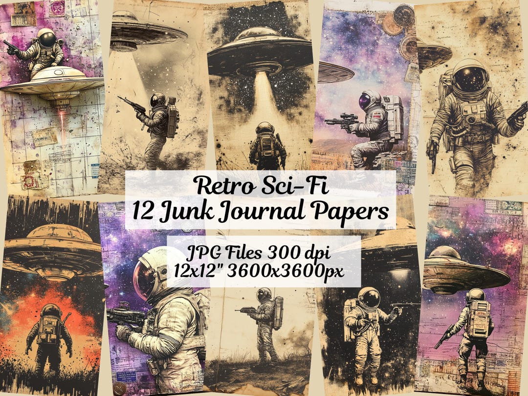 Old Sci-fi Junk Journal Paper – 12 JPG Designs With Flying Saucers ...