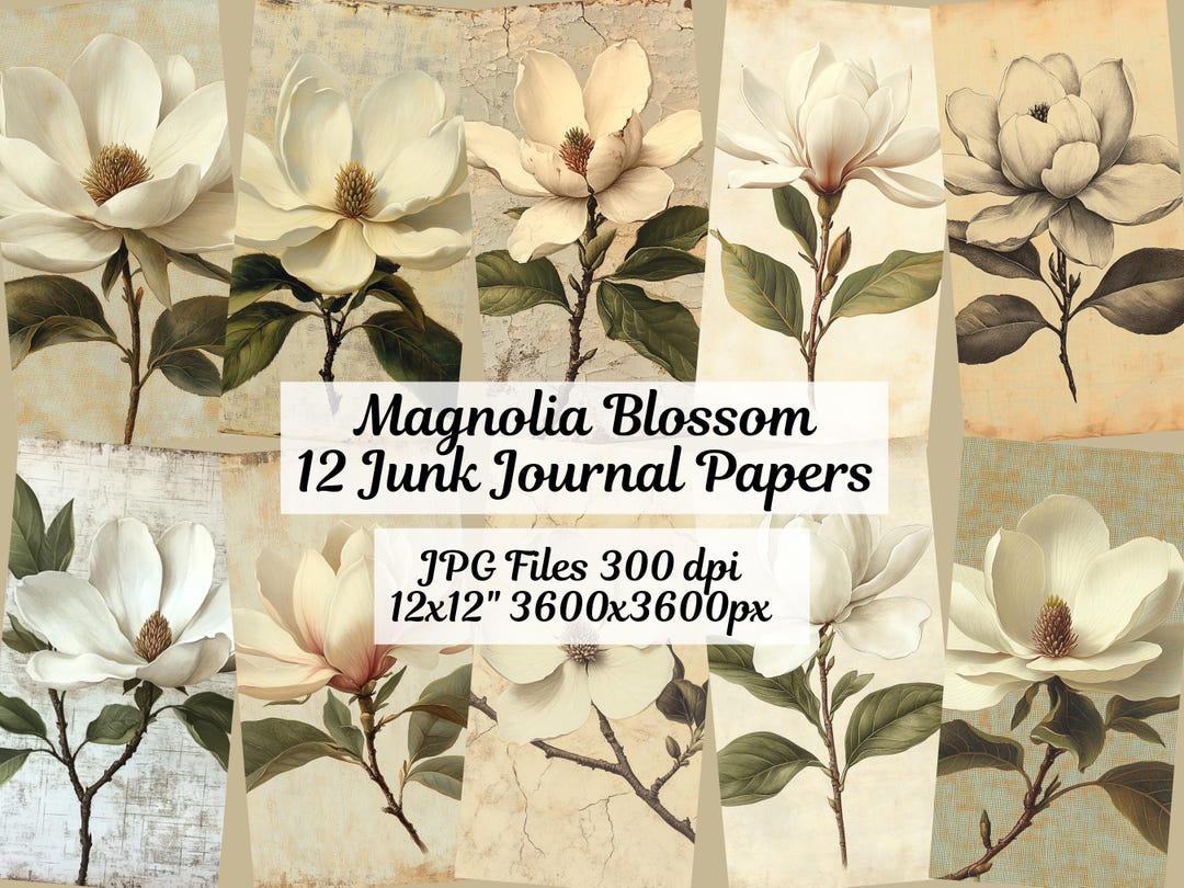 Magnolia Blossom Junk Journal Digital Paper Plant JPG Images Scrapbook ...