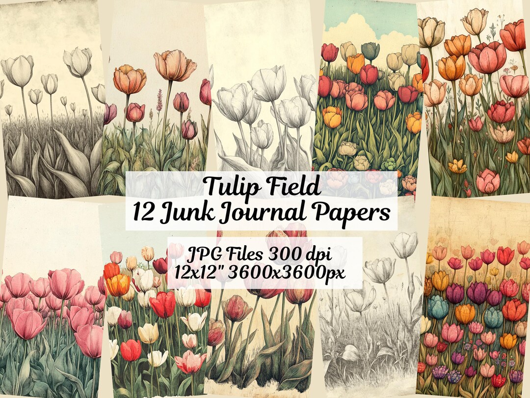 Tulip Field Junk Journal Digital Paper Rustic JPG Images Scrapbook ...