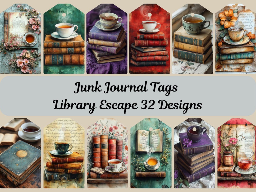 Junk Journal Library Escape Tags, Printable Digital Tags, Ephemera ...