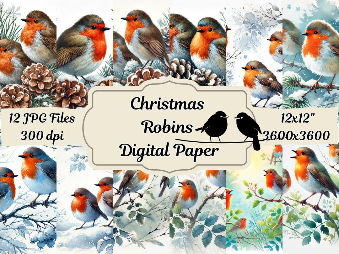 Christmas Robins Digital Paper Vintage Birds JPG Winter Scenes ...
