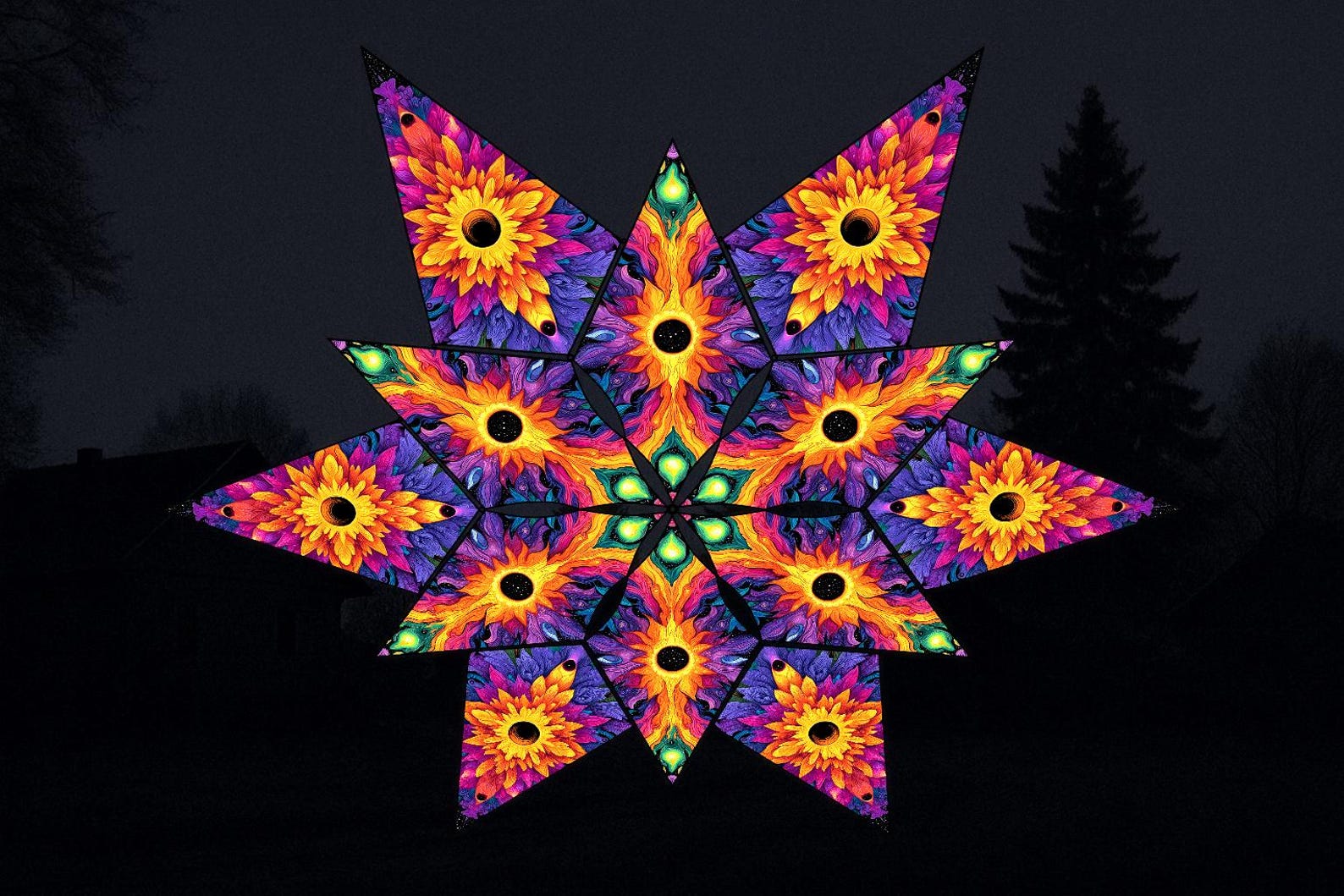 Glowing UV Sun Star Canopy – Blacklight Psychedelic Decor for Festivals ...