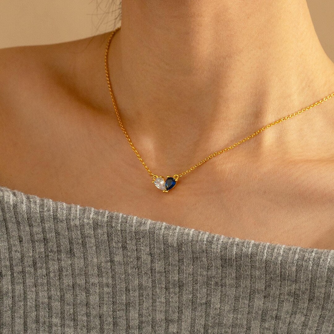 Custom Heart Birthstone Necklace, Two Birthstone Necklace, Personalized ...