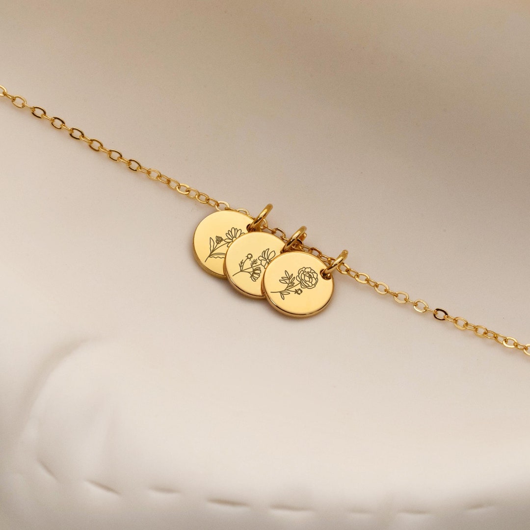 Engraved Birth Flower Necklace, Gold Tiny Birth Flower Charm Necklaces ...