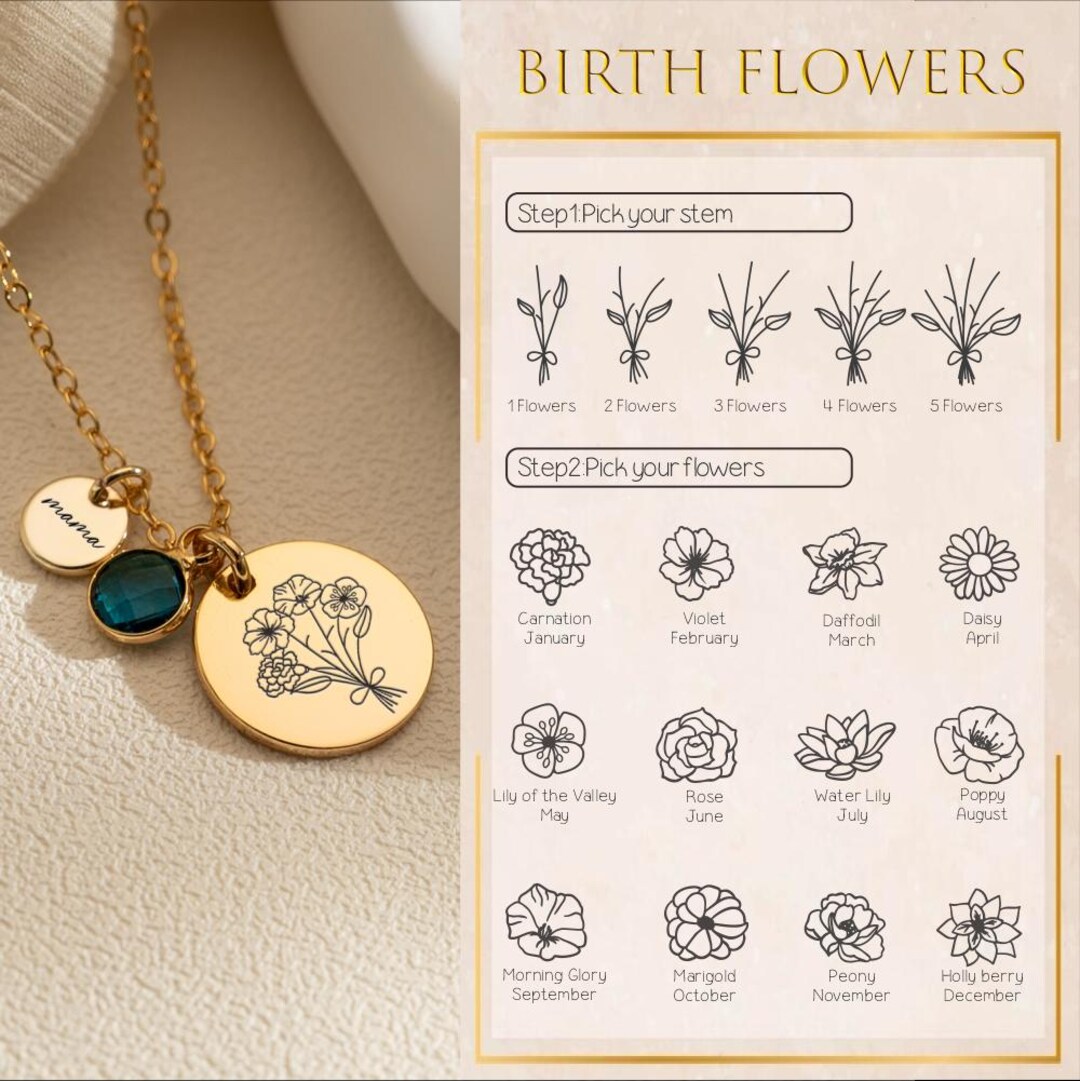 Family Birth Flower Bouquet Necklace, Engraved Birthflower Pendant ...