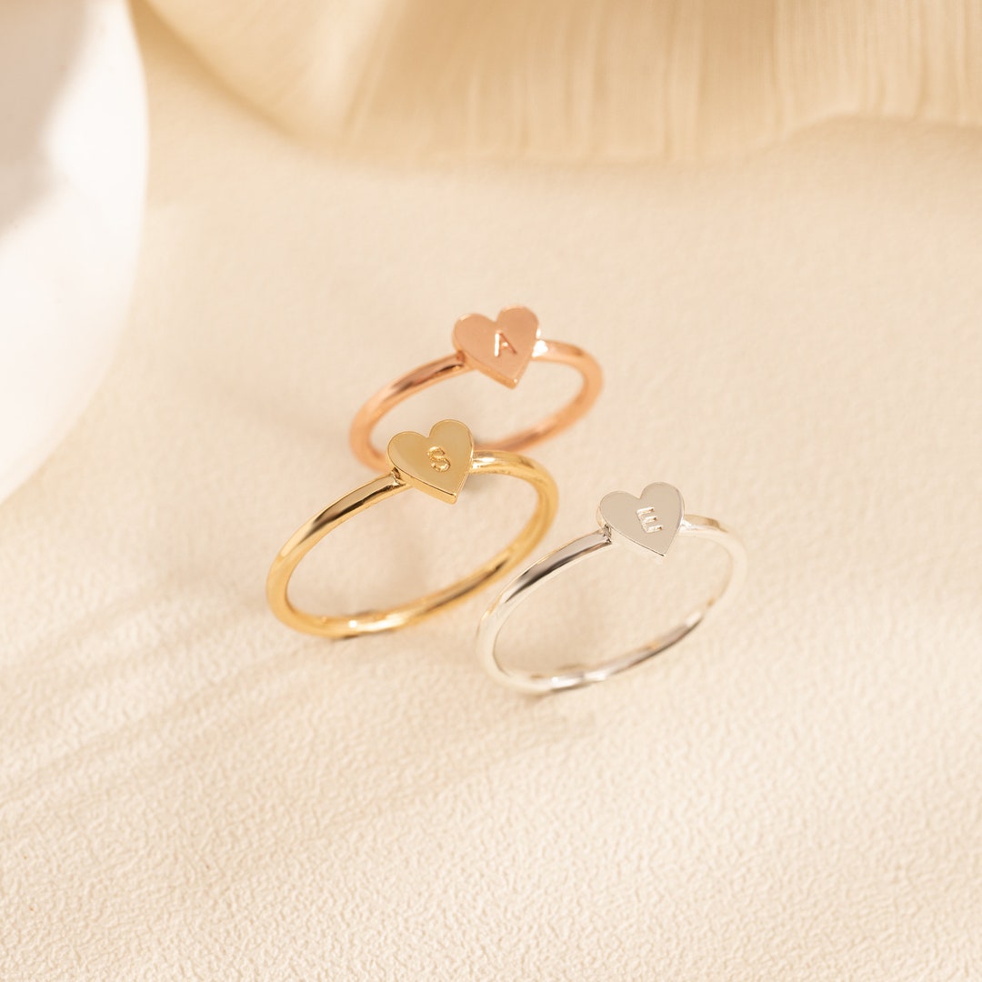 Engraved Heart Ring, Dainty Initial Letter Ring, Personalized Love Ring, Heart Stackable Ring ...