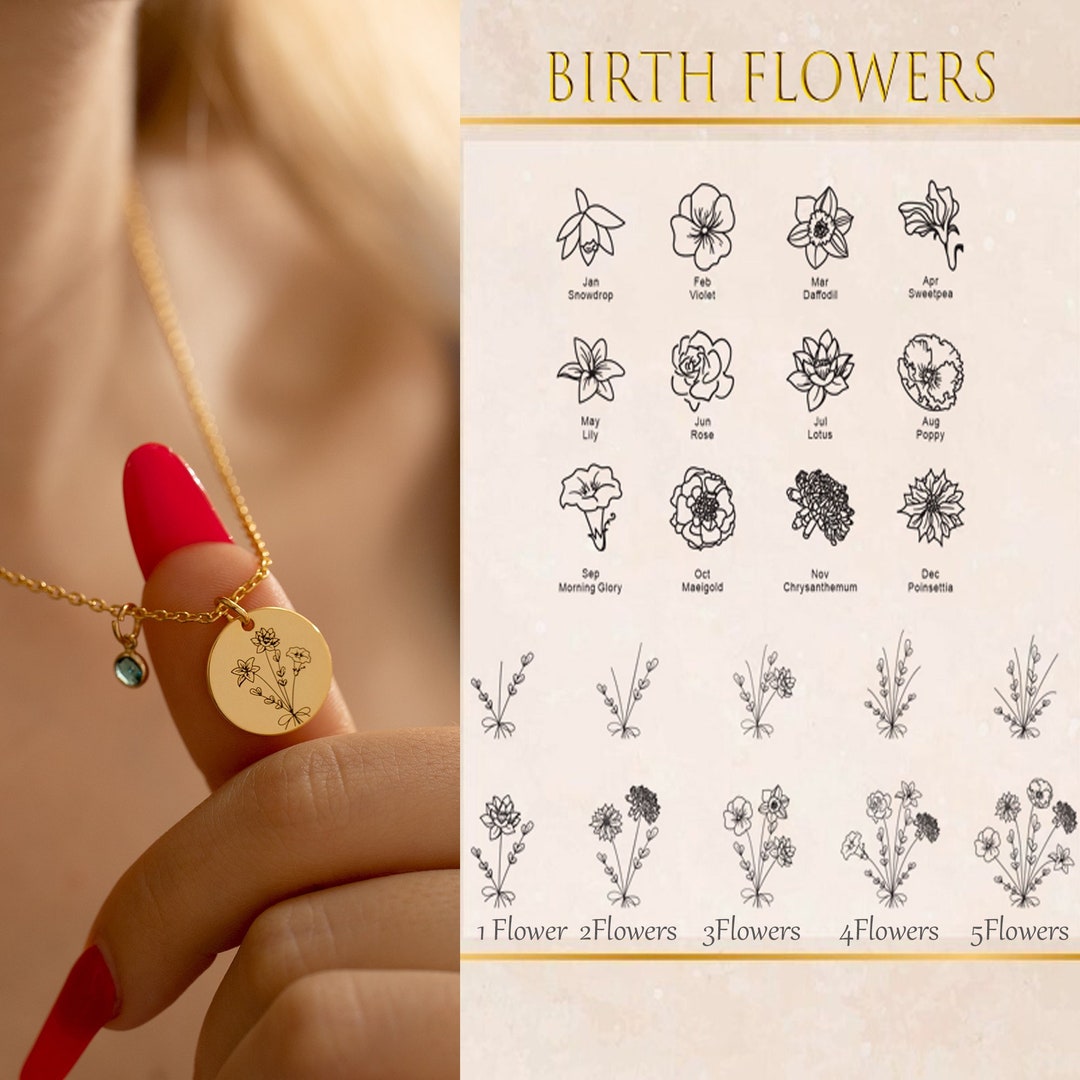 Family Birth Flower Necklace, Birth Month Flower Bouquet Necklace ...