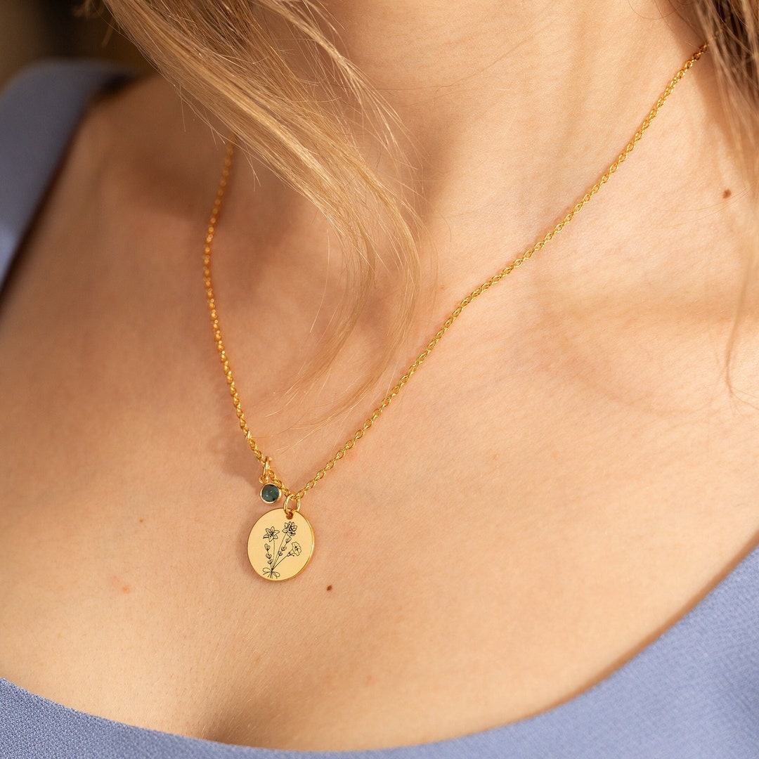 Family Birth Flower Necklace, Engraved Name Pendant With Birthstone ...