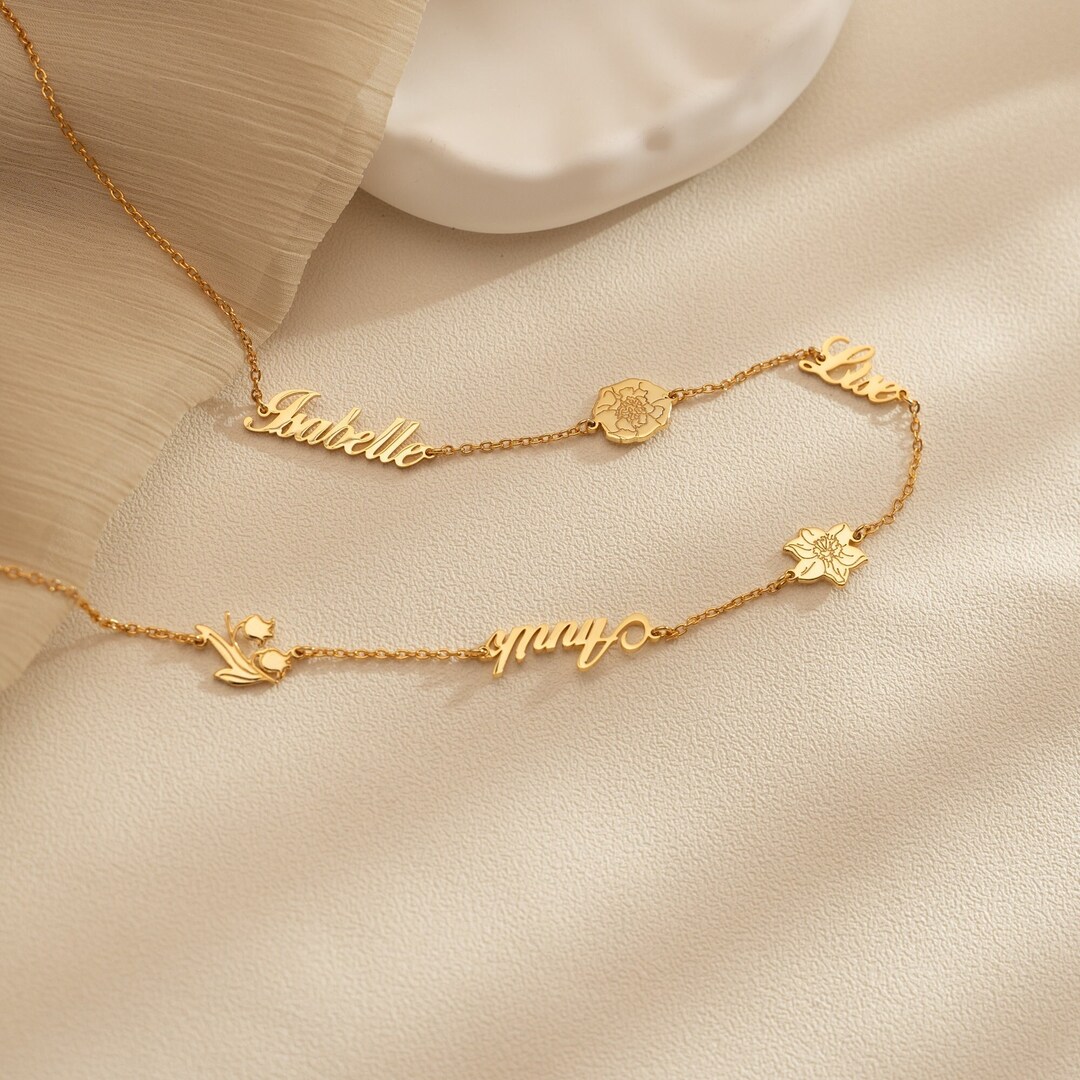 Multi Name Necklace, Custom Children Names Necklace With Birth Flower ...