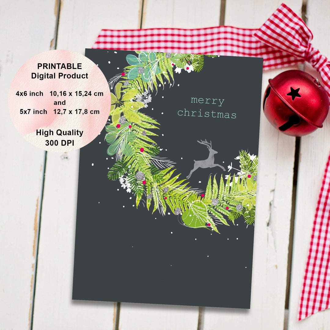Christmas Card Wreath in Green, Printable, Download PDF, 4x6 5x7 ...