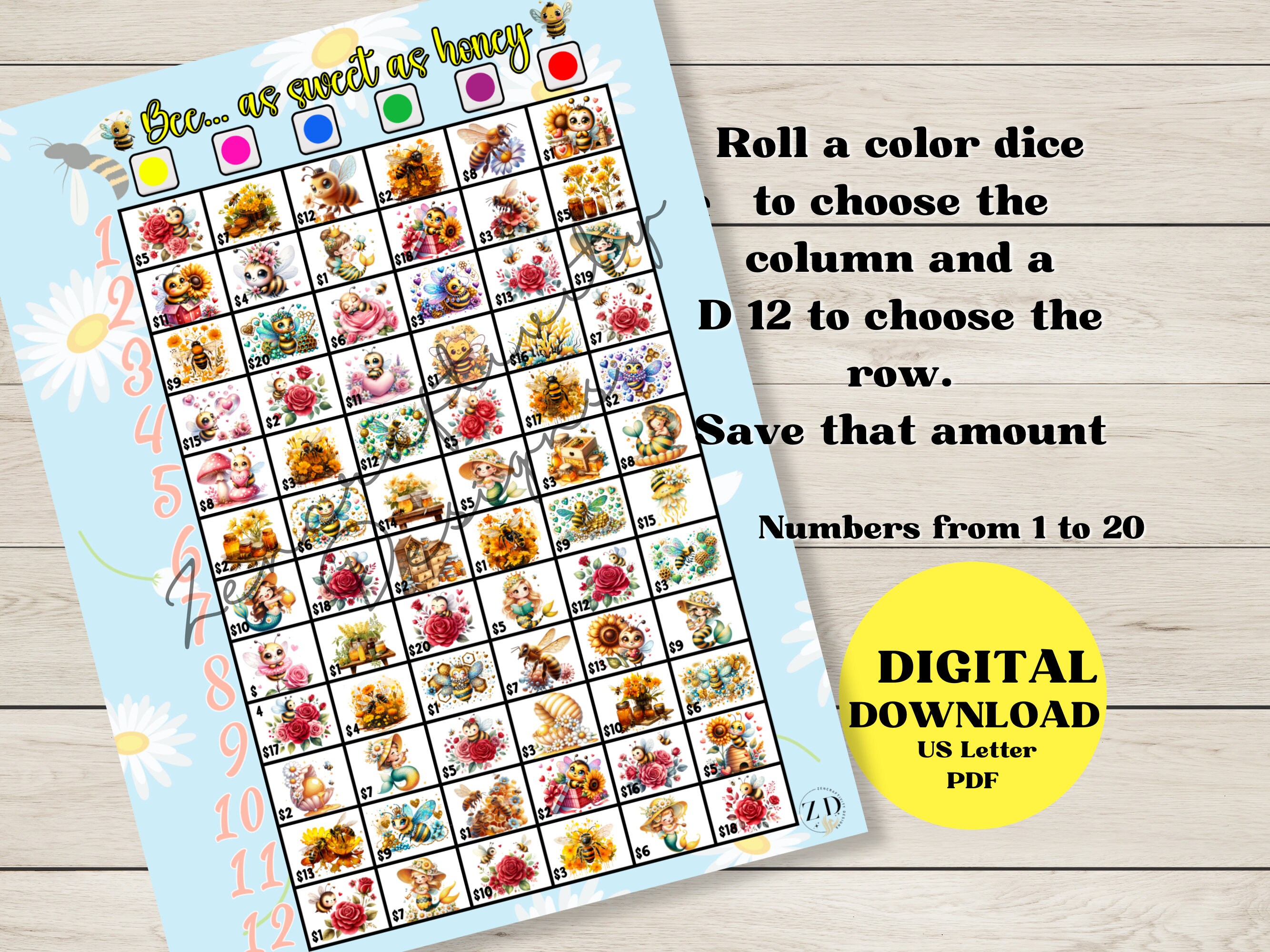 Bee... as Sweet as Honey Roll the Dice Game Savings Challenge US Letter ...