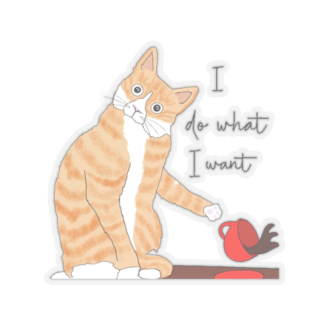 Orange Cat Knocking Over Mug Sticker - Mischevious, Cute, Orange Cat ...