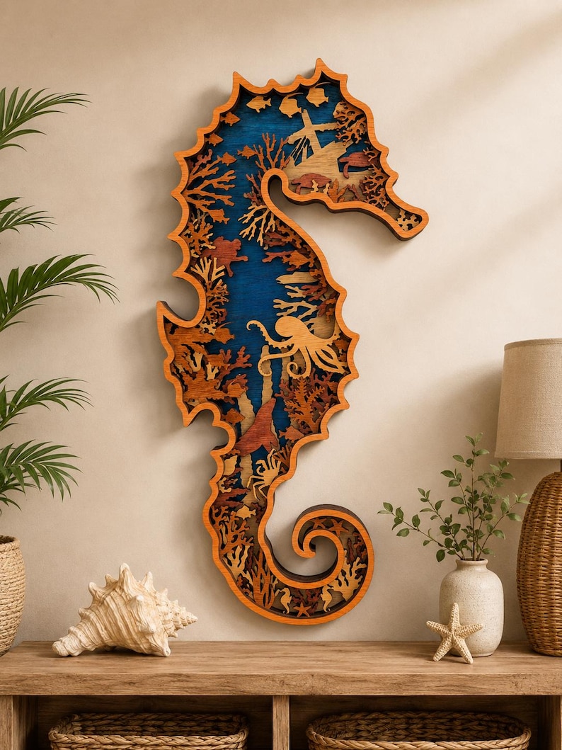 Layered Seahorse Wall Art | Coastal Ocean Decor | Handmade Wooden ...
