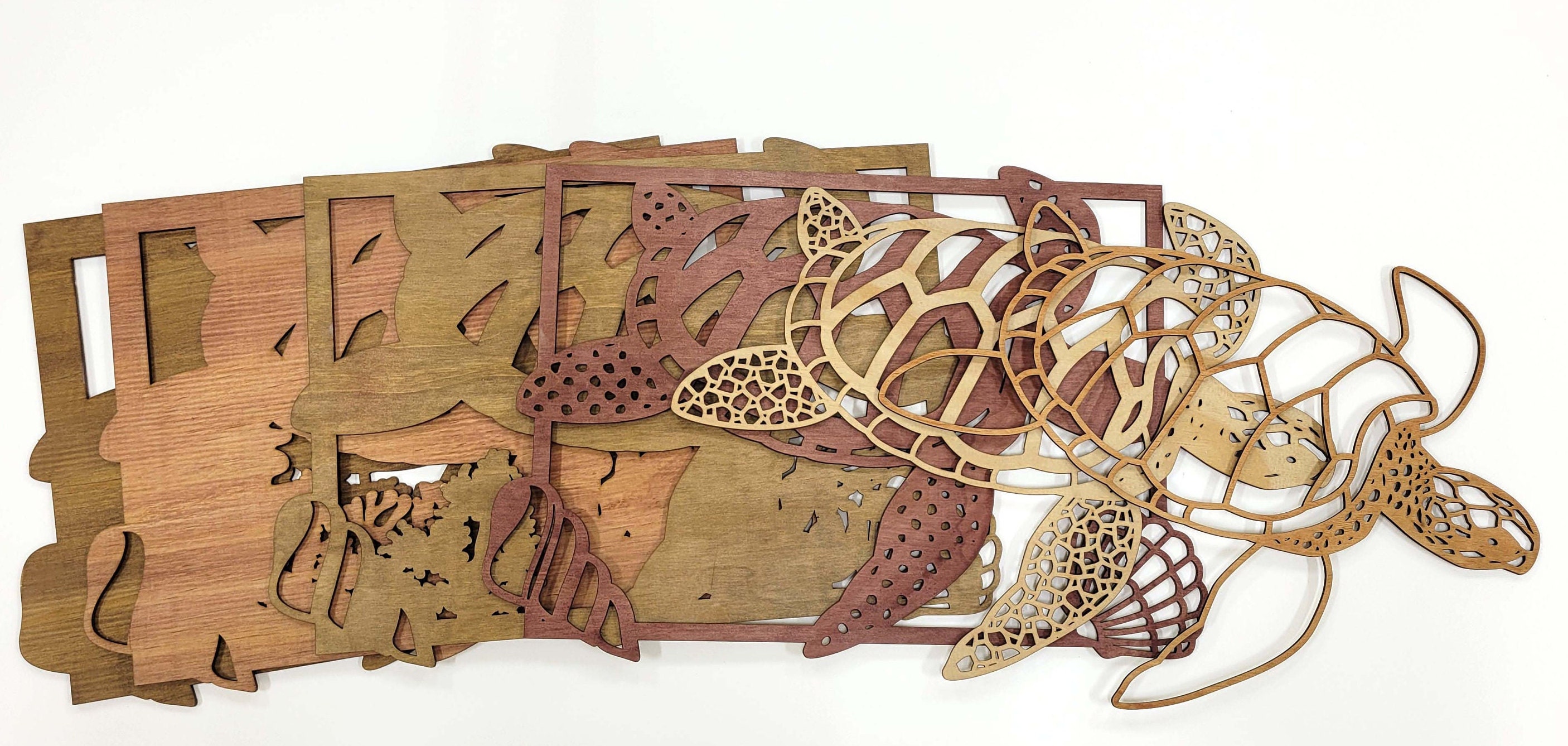 Turtle, Multi-layered 3D Stained Wood, Laser Cut Wall Art, Ocean ...
