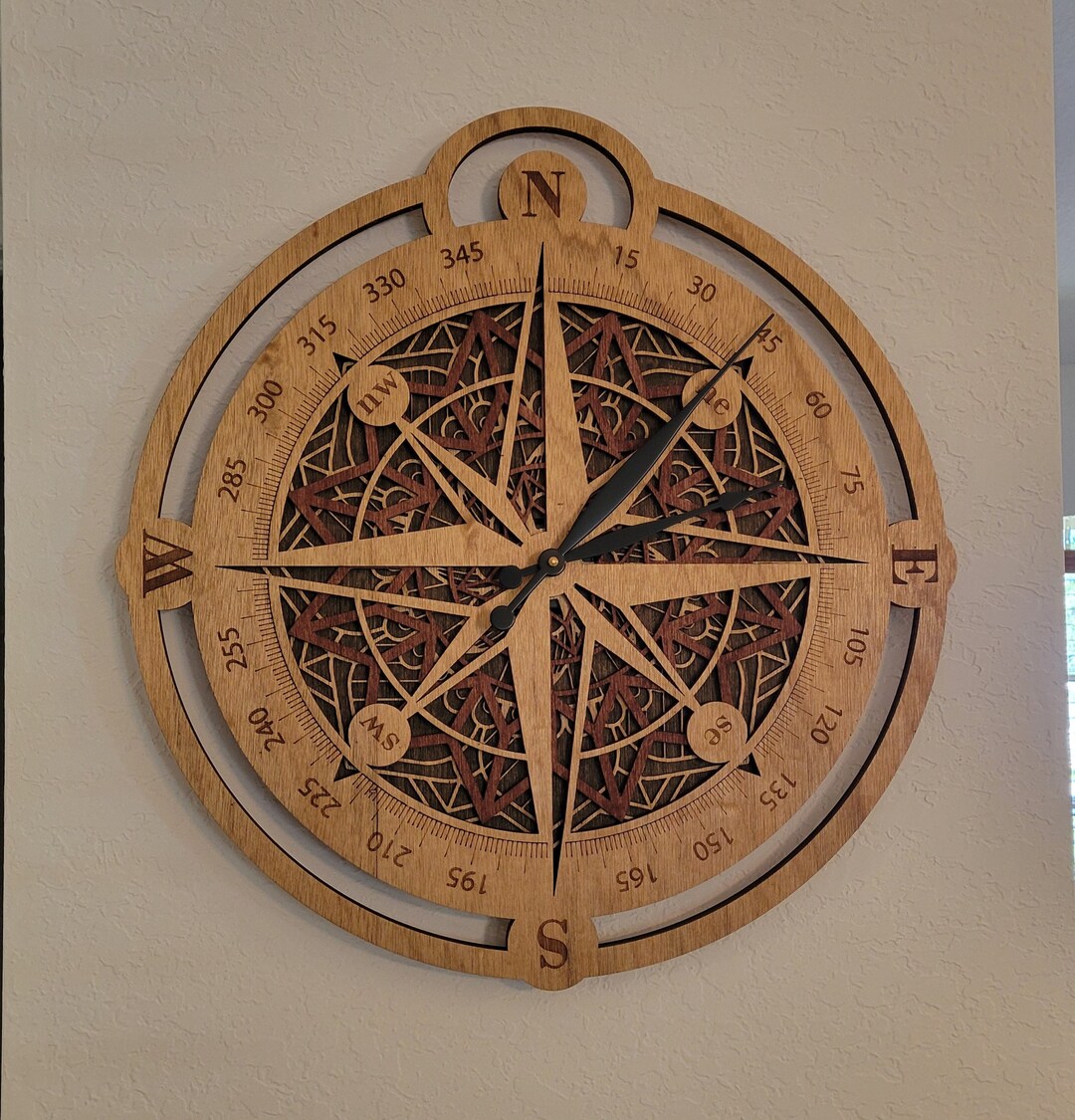 Compass Clock, Multi-layered 3D Stained Wood, Laser Cut Wall Art, Ocean ...